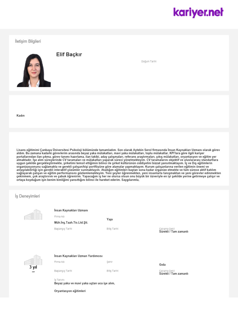 Elif Baçkır CV Türkçe | PDF