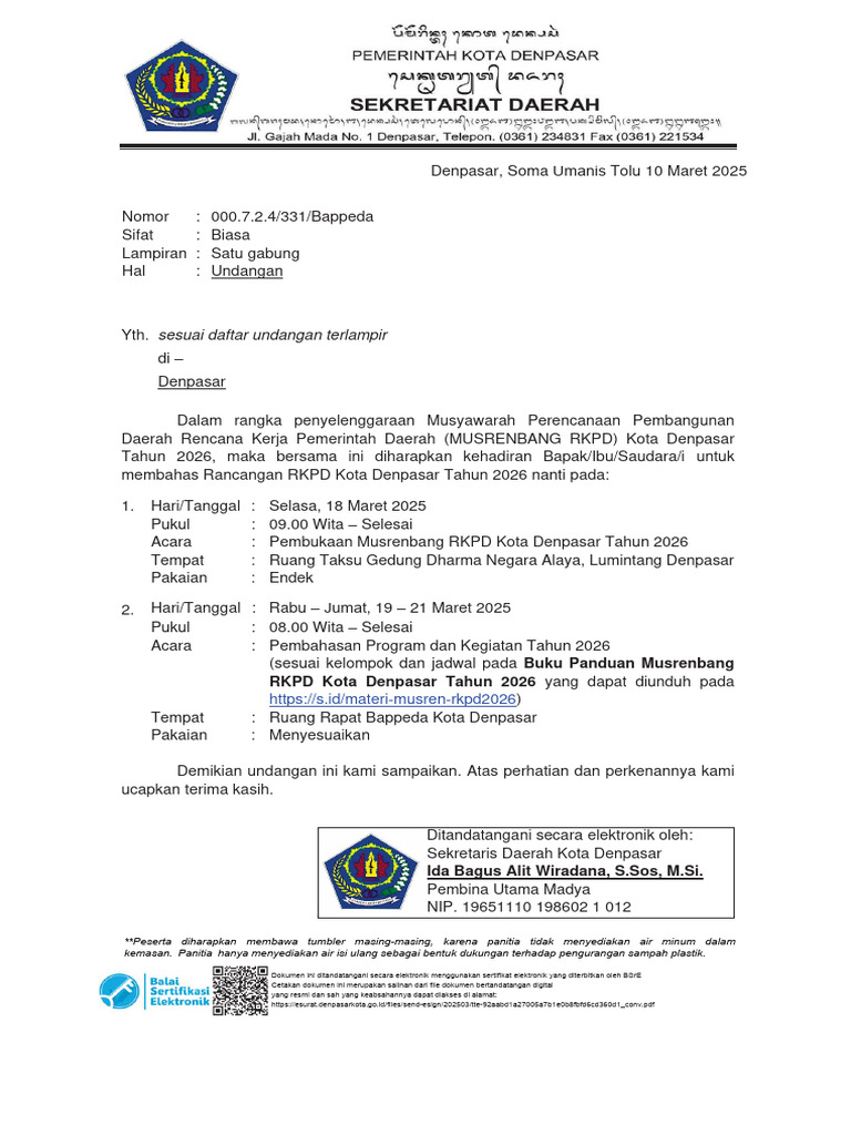 Tte-Surat - Undangan RKPD 2026 | PDF