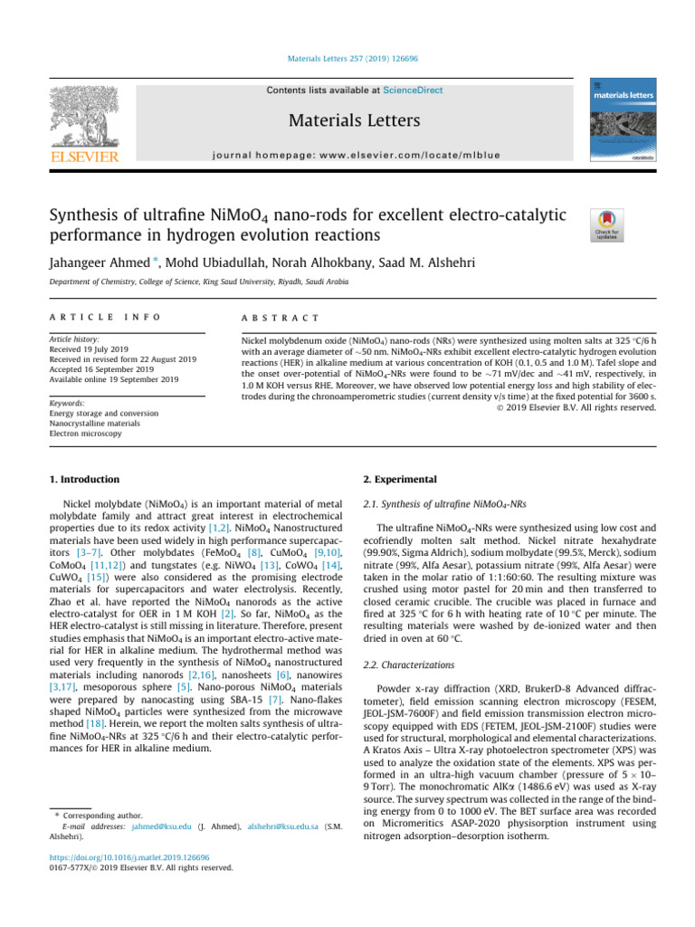 2019 Mater Letter Nimoo4 | PDF | X Ray Photoelectron Spectroscopy ...
