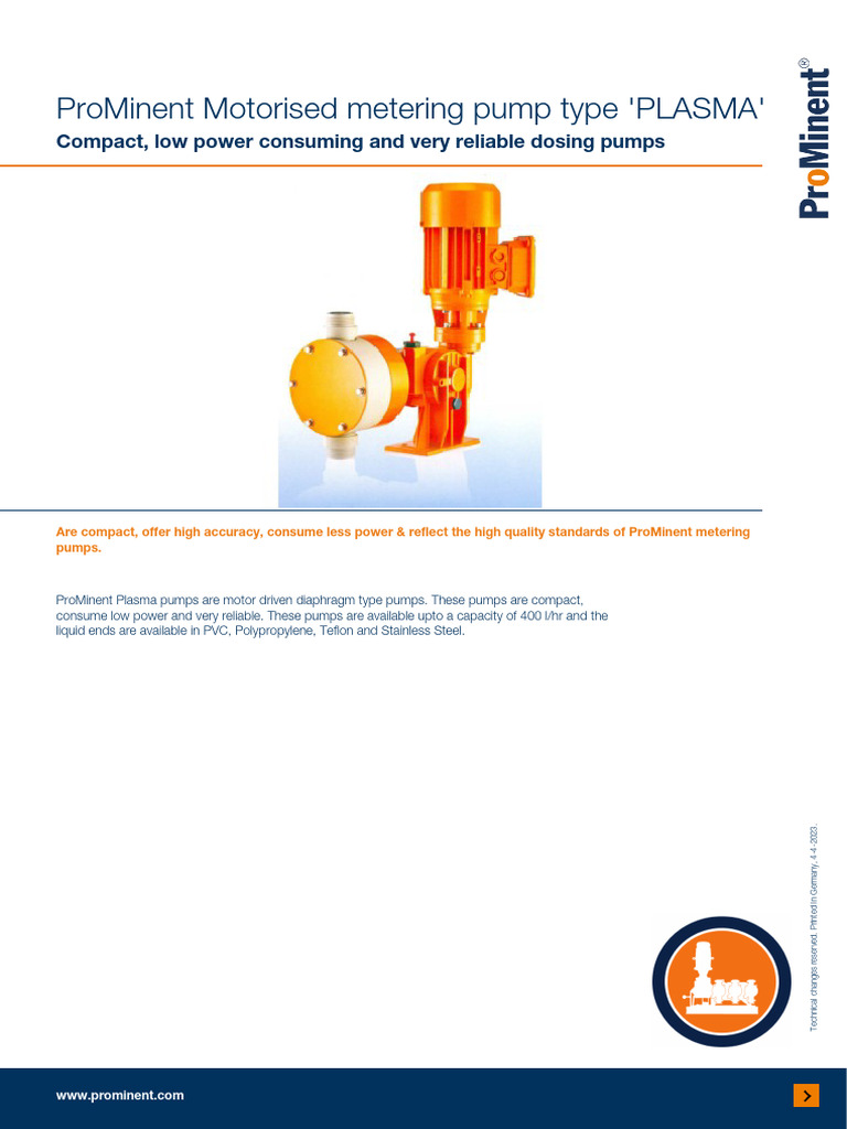 ProMinent Plasma Dosing Pumps Overview | PDF | Pump | Gas Technologies