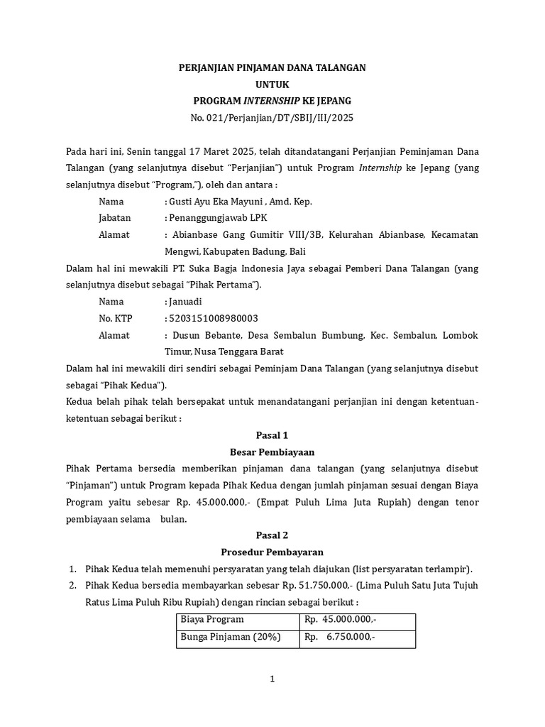 Perjanjian Dana Talangan Januadi | PDF