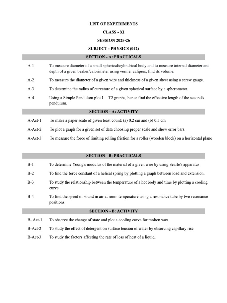Class Xi List of Phy Exp Session 2025 26 | PDF