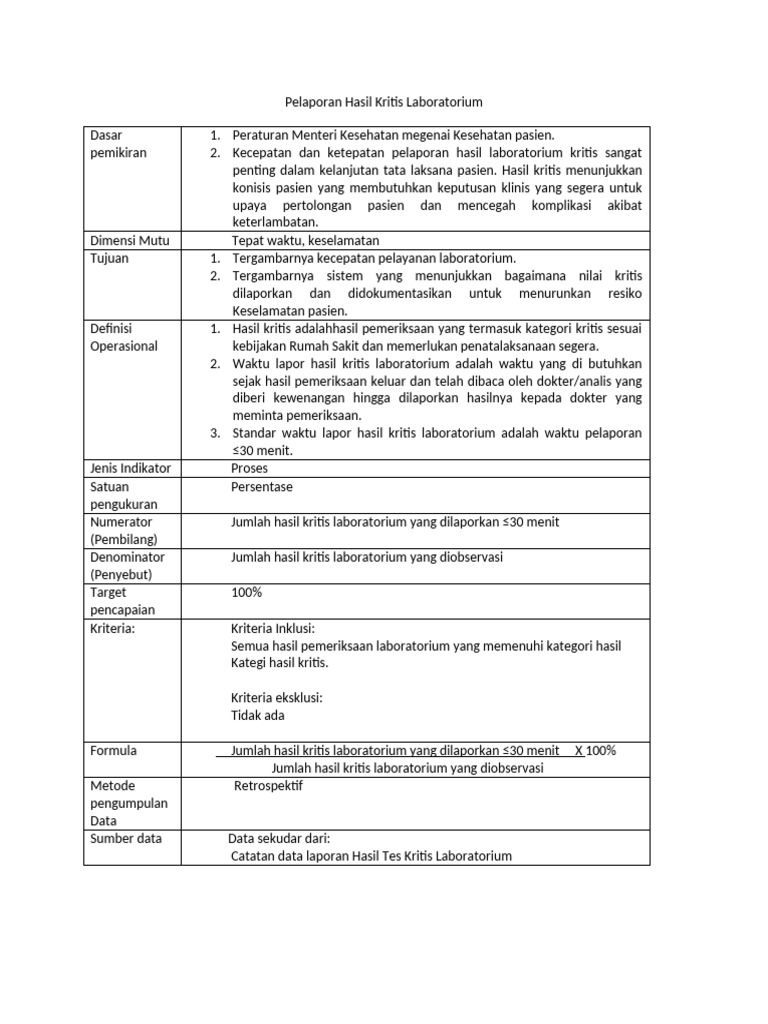 Indikator Pelaporan Hasil Kritis Laboratorium | PDF