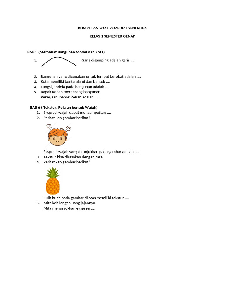KUMPULAN SOAL REMEDIAL SENI RUPA KELAS 1 | PDF