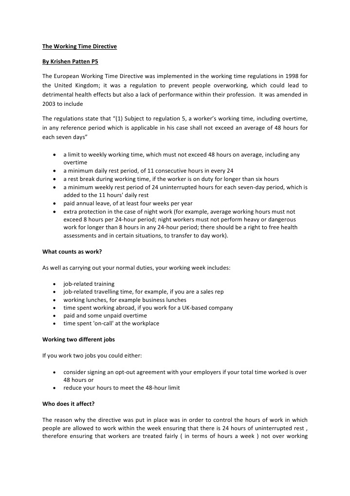 The Working Time Directive | PDF | Working Time | Overtime