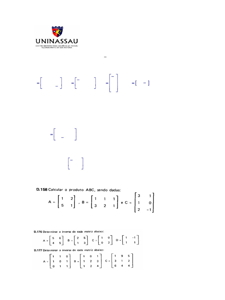 Lista de Exercícios 1 - Álgebra Linear - Matrizes | PDF