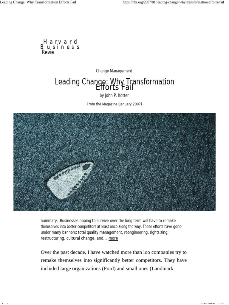 HBR - Leading Change Why Transformation Efforts Fail - KOTTER | PDF ...