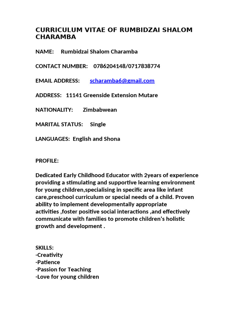 Rumbidzai Shalom Charamba CV | PDF | Early Childhood Education | Child ...