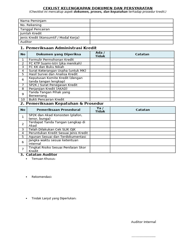 Kertas Kerja Audit Kredit Ceklis Kelengkapan | PDF