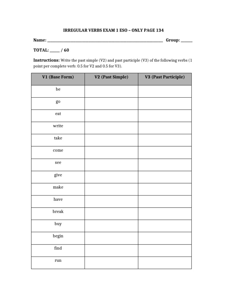 Examen Verb Irregulares 1ESO | PDF