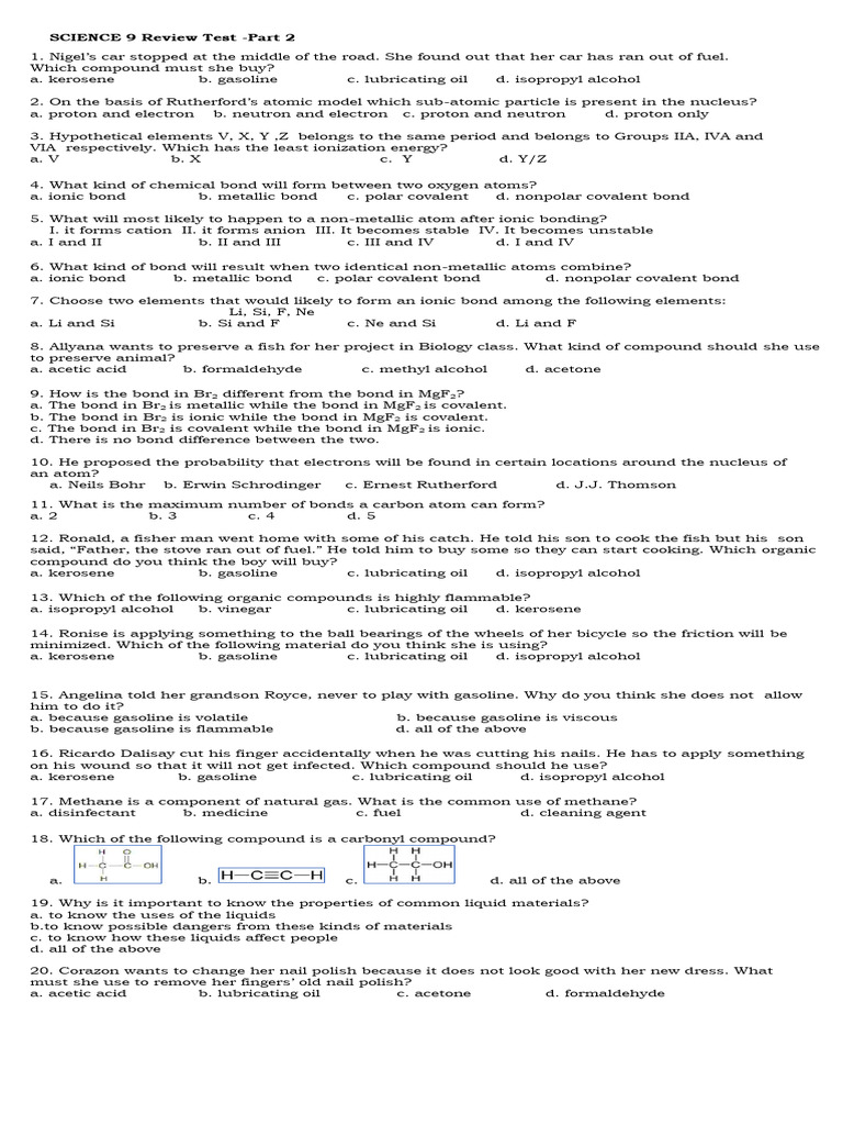SCIENCE 9 Review Test - Part 2 | PDF | Chemical Bond | Ionic Bonding