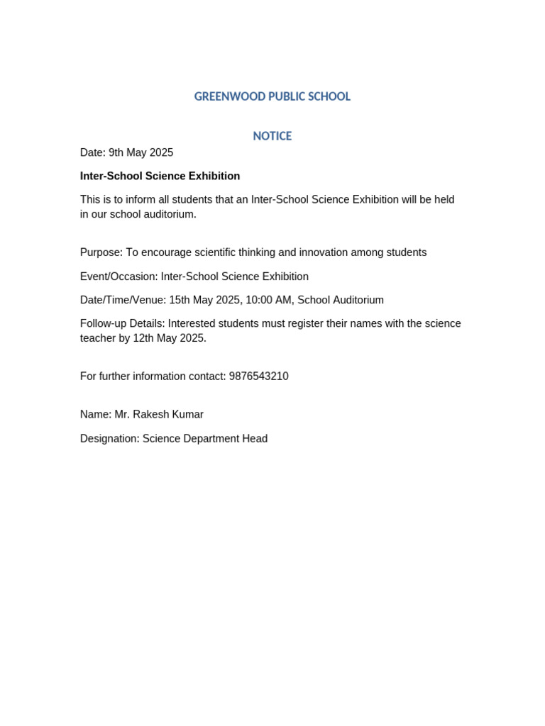 Notice for Inter-School Science Exhibition | PDF