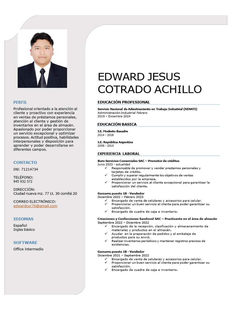 Edward Cotrado CV | PDF | Ventas | Servicio al Cliente