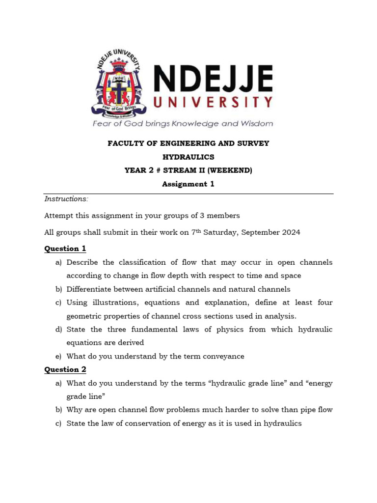 Hydraulics Assignment 1 2024 | PDF