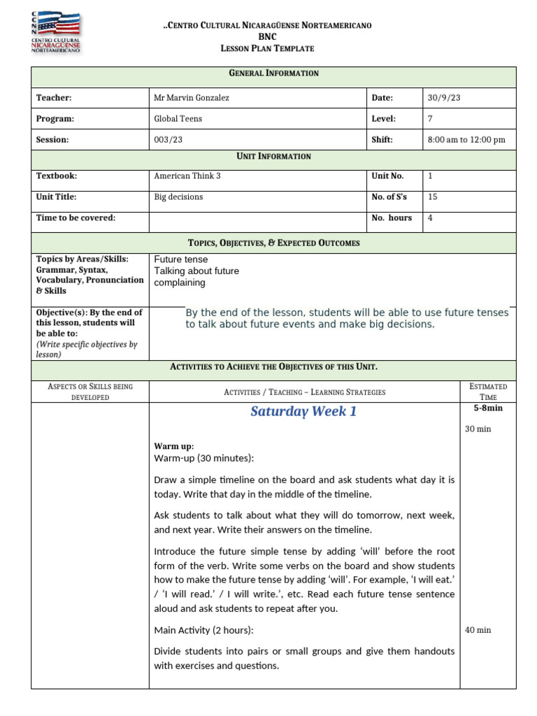 Lesson Plan Template L7Weekends 1 | PDF | Lesson Plan | Grammatical Tense