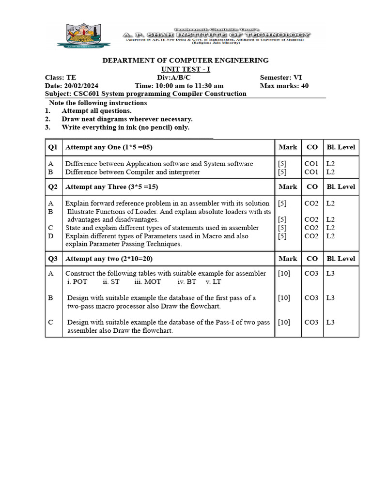 Unit Test Paper-1 SPCC - 2023-2024 | PDF