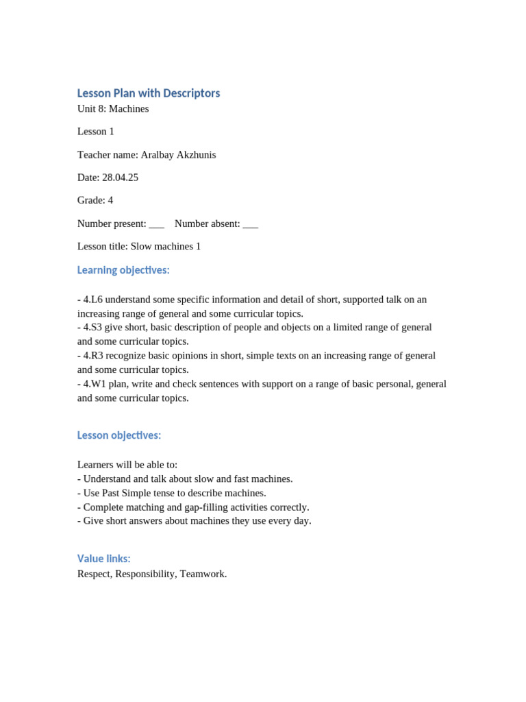 Lesson Plan Slow Machines With Descriptors | PDF | Lesson Plan | Curriculum