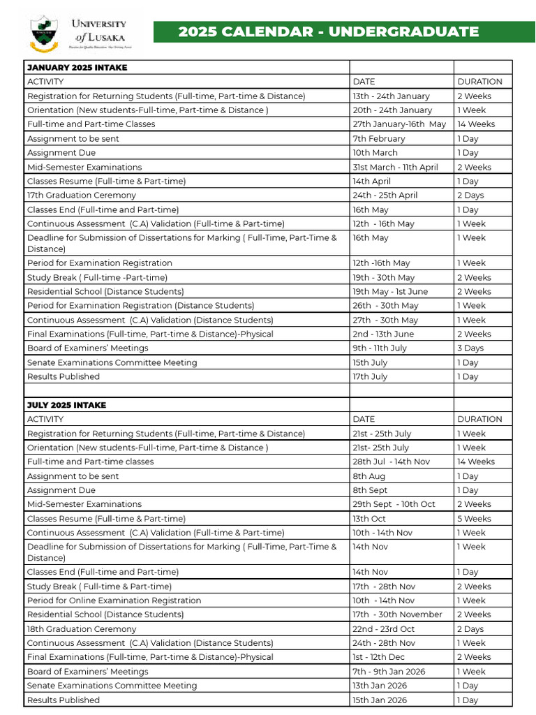 UNDERGRADUATE - Calendars 2025 - (Updated) | PDF