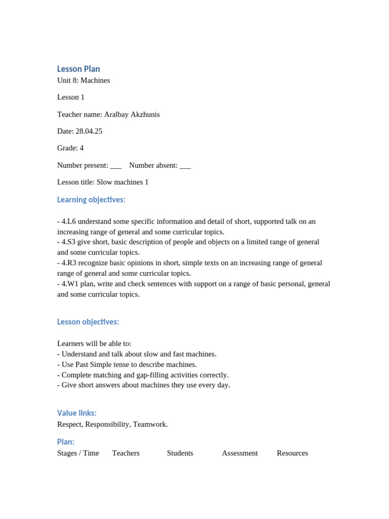 Lesson Plan Slow Machines | PDF | Lesson Plan | Curriculum