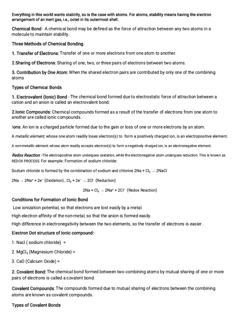 Chemical Bonding Notes Infinity | PDF | Chemical Bond | Chemical Compounds