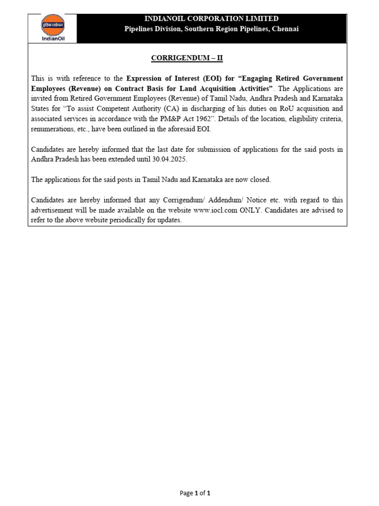 Corrigendum - Ii Expression of Interest (EOI) For "Engaging Retired Government Employees ...