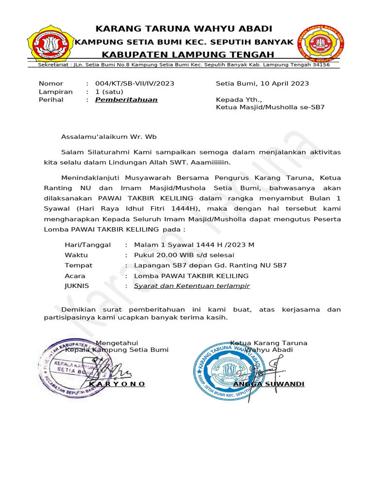 Pemberitahuan Pawai Takbir Keliling TTD | PDF