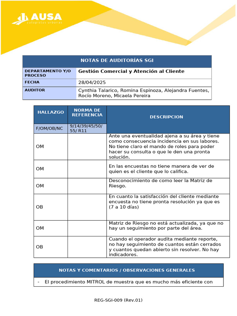 REG-SGI-009 (Rev. 01) Notas de auditoría Rocio Moreno | PDF