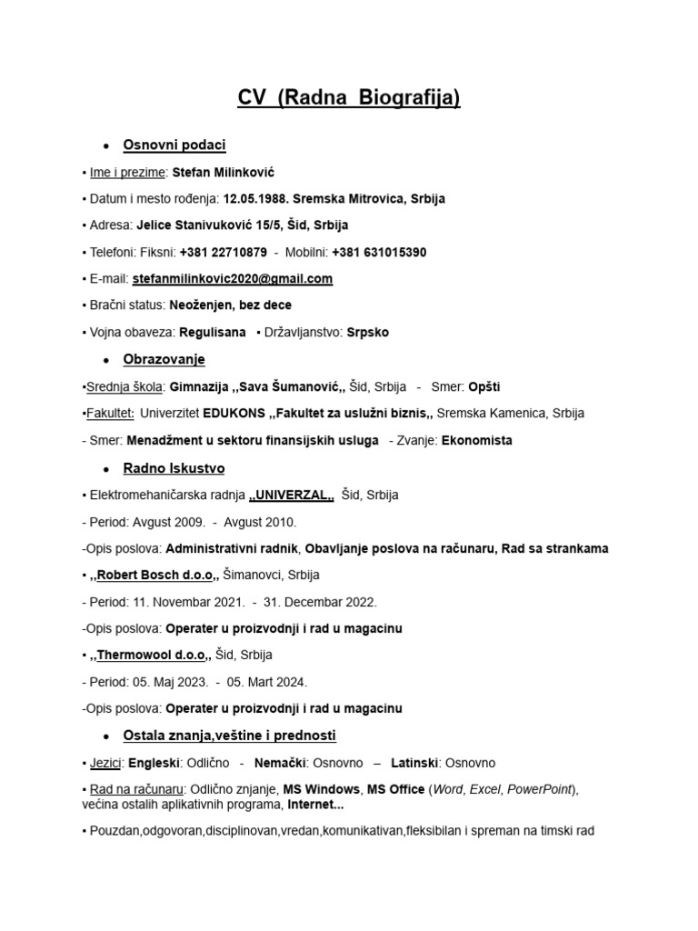 Stefan Milinkovic CV PDF | PDF