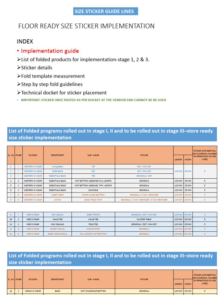 Size Sticker Implementation Docket For Vendors Stage One and Stage Two ...