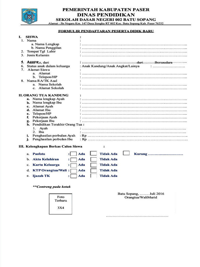 PDF Formulir Pendaftaran Siswa Baru SD Songka Compress | PDF