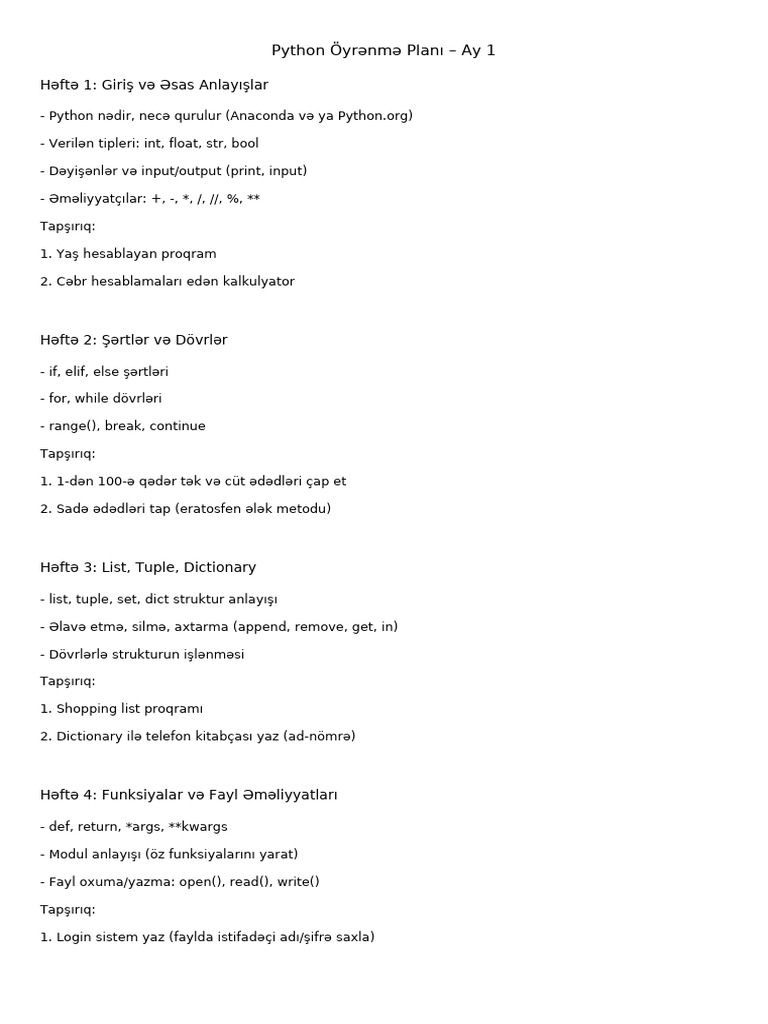 Python Oyrənmə Planı Ay1 | PDF