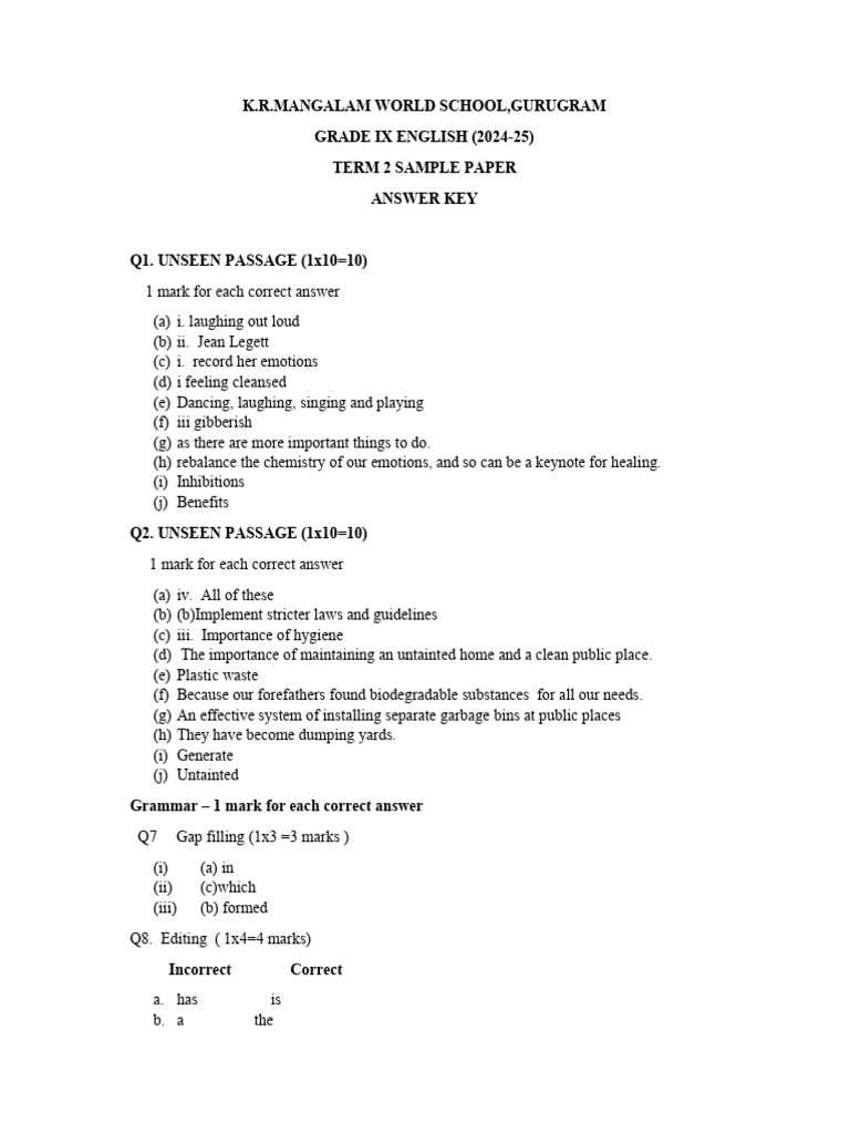 Eng Sample Paper Answer Key Grade Ix | PDF