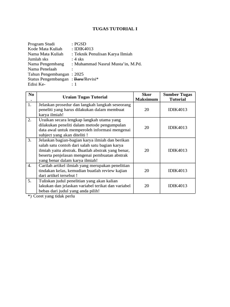 Tugas Tutorial I Teknik Penulisan Karya Ilmiah | PDF