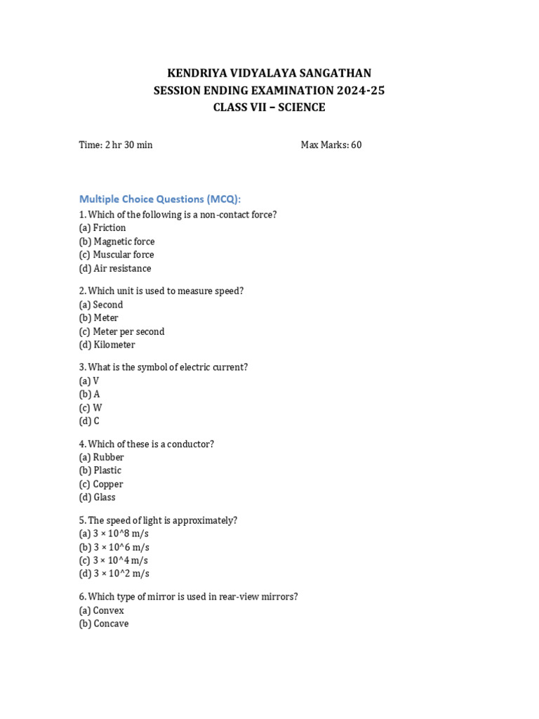 Class 7 Science Question Paper 1 | PDF | Electric Current ...