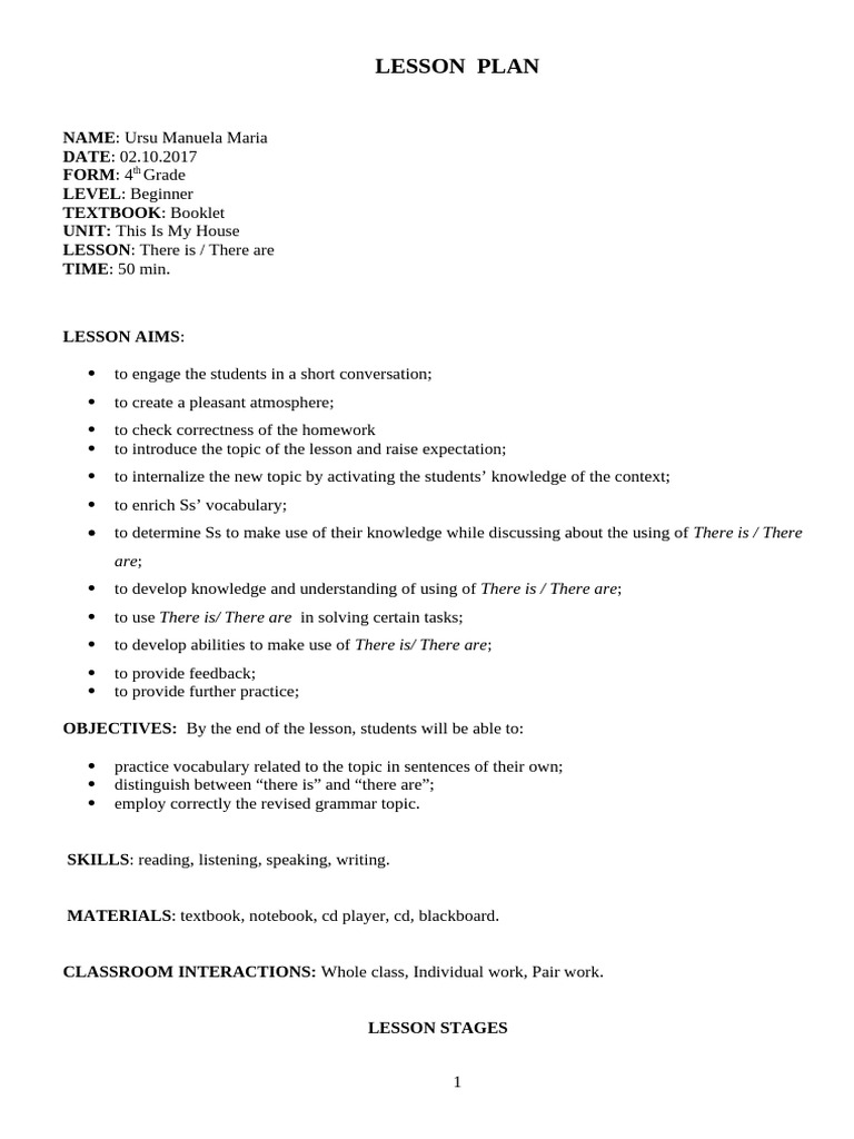 Lesson Plan There Is There Are | PDF | Lesson Plan | Teachers