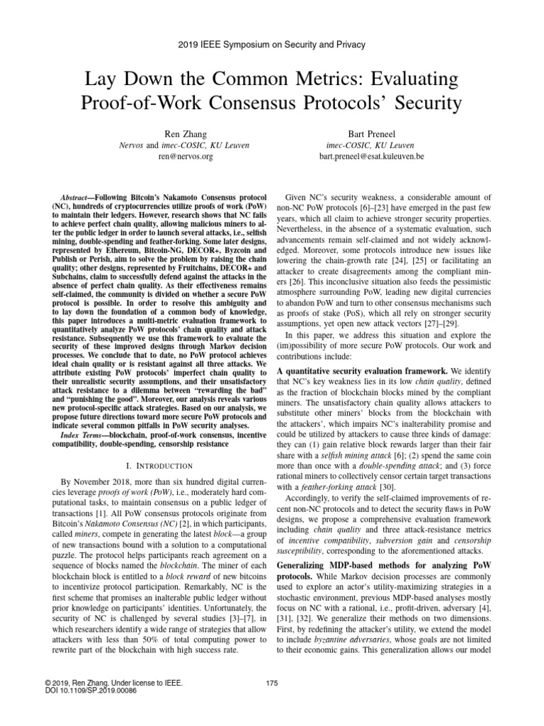 Zhang and Preneel - 2019 - Lay Down the Common Metrics Evaluating Proof-of-Work Consensus ...