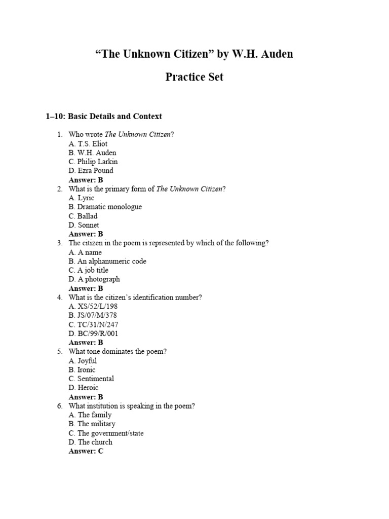MCQS PRACTICE SET The Unknow Citizen and The Shield of Achilles by W H ...