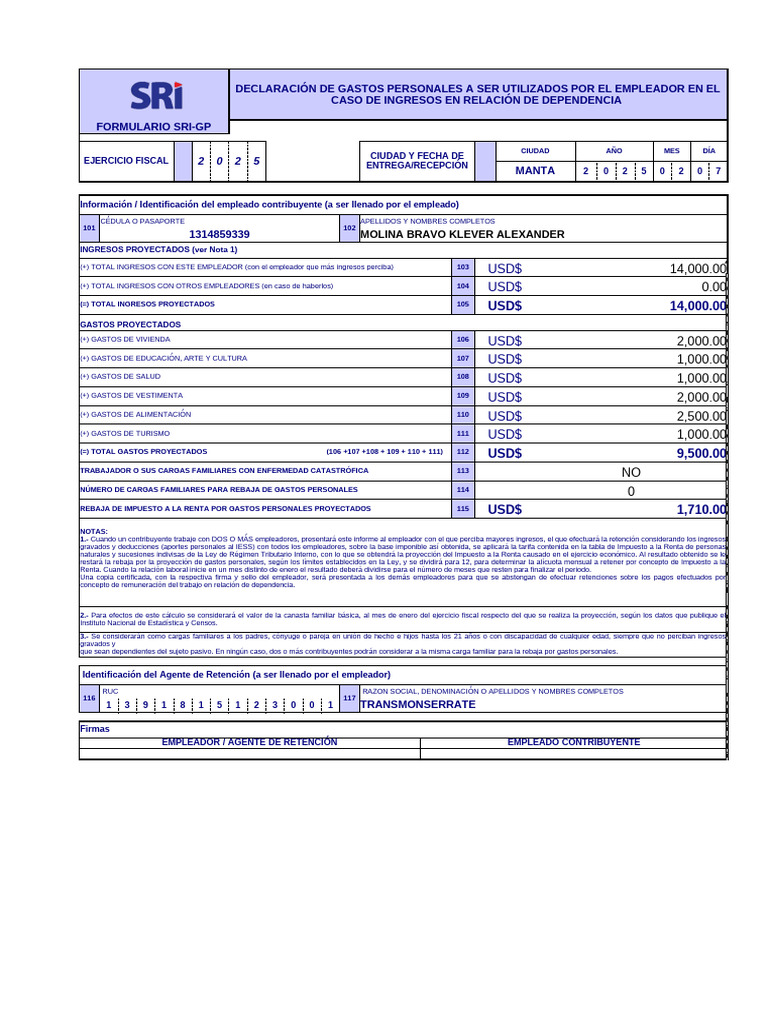 Formulario SRI - GP CONTINENTE Molina Klever A | PDF | Impuesto sobre ...