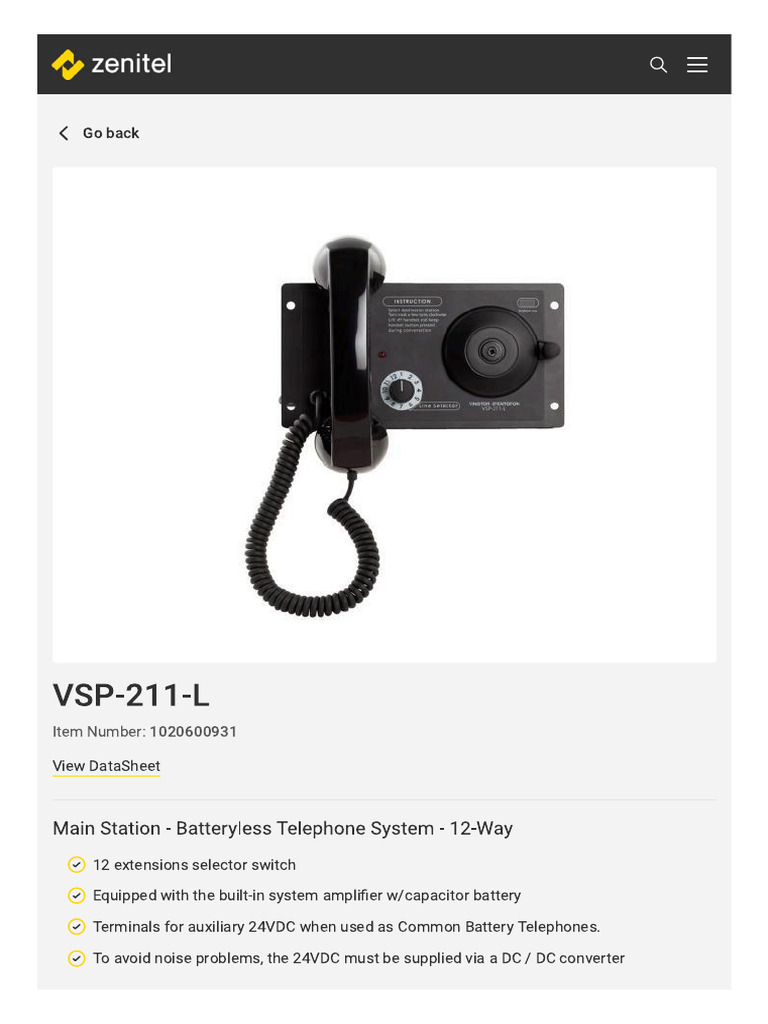 VSP-211-L Main Station - Batteryless Telephone System - Zenitel | PDF