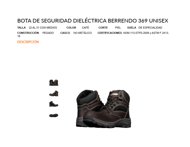 Ficha Técnica BOTA DE SEGURIDAD DIELÉCTRICA BERRENDO 369 UNISEX | PDF