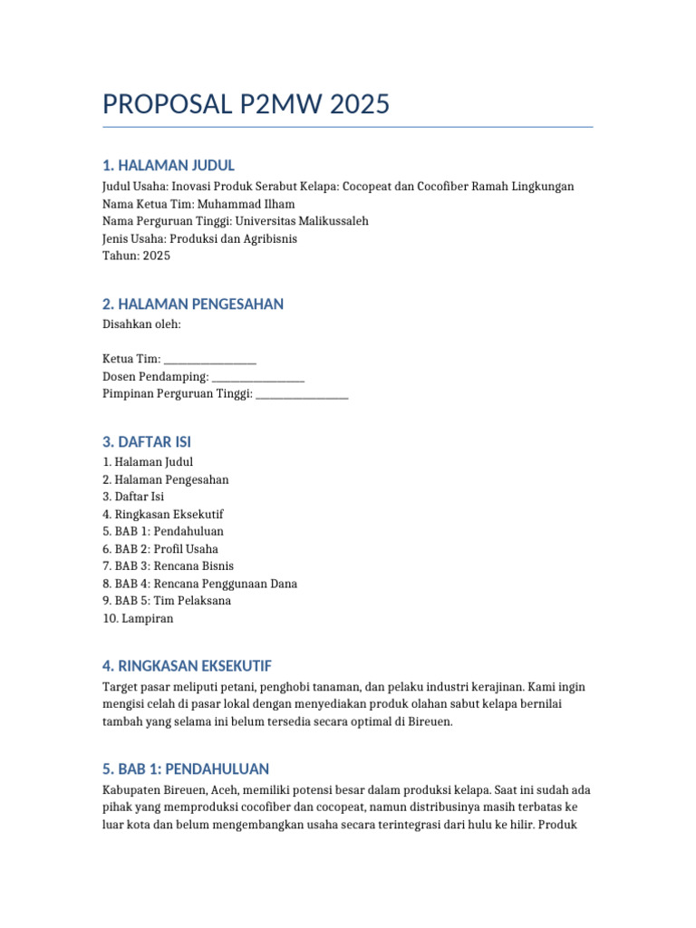 Proposal P2MW Sabut Kelapa Bireuen Revisi | PDF