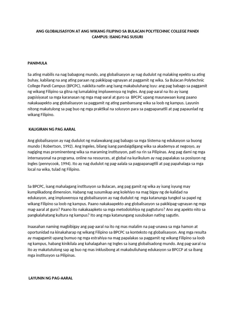 Ang Globalisasyon at Ang Wikang Filipino Sa Bulacan Polytechnic College Pandi Campus | PDF