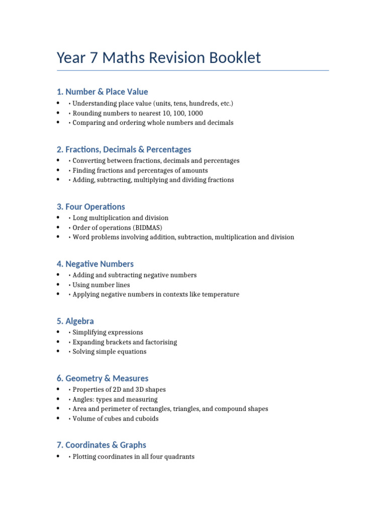 Year 7 Maths Revision Booklet | PDF