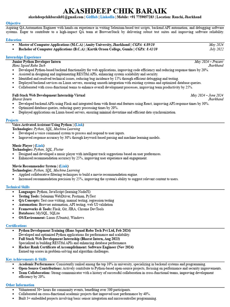 Resume - AKASHDEEP - CHIK - BARAIK - Fresher BrowserStack | PDF | Selenium (Software) | Web ...