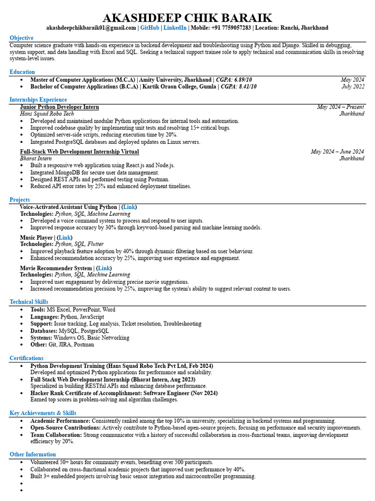 Python Developer Resume - Akashdeep Baraiik | PDF | Web Development ...