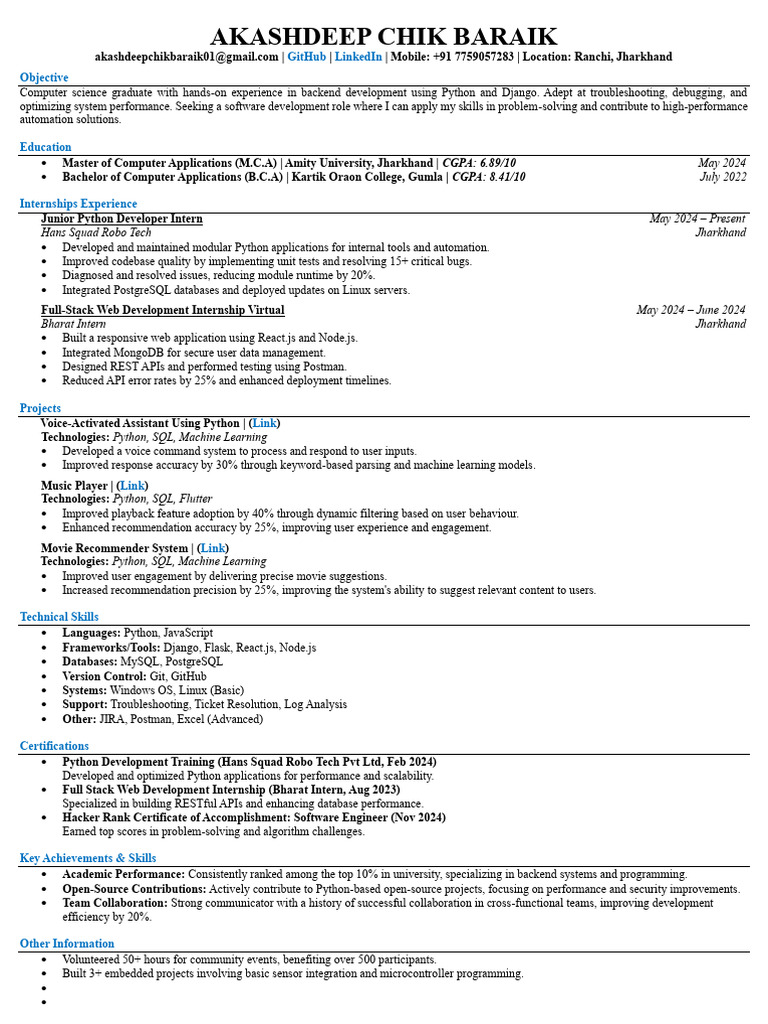 Resume - AKASHDEEP - CHIK - BARAIK - Fresher GreyOrange | PDF | Web Development | Python ...