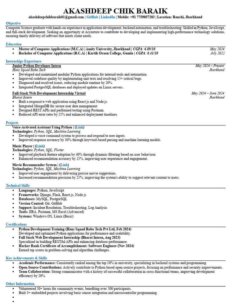 Resume - AKASHDEEP - CHIK - BARAIK - Fresher Accenture ADA (PWD) | PDF ...