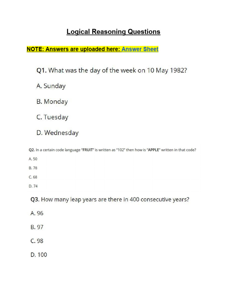 Logical Reasoning Questions | PDF