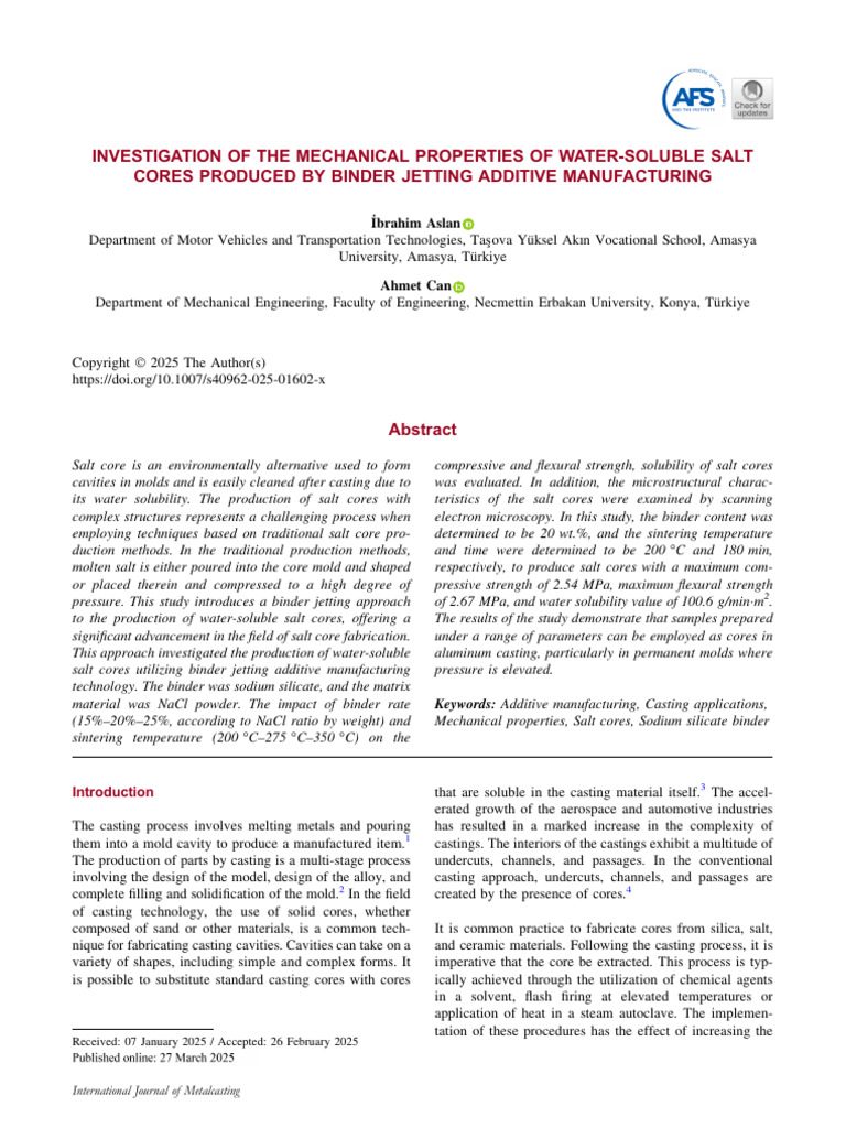 3DP Water Soluble Salt CORE Binder Jet | PDF | Sintering | 3 D Printing