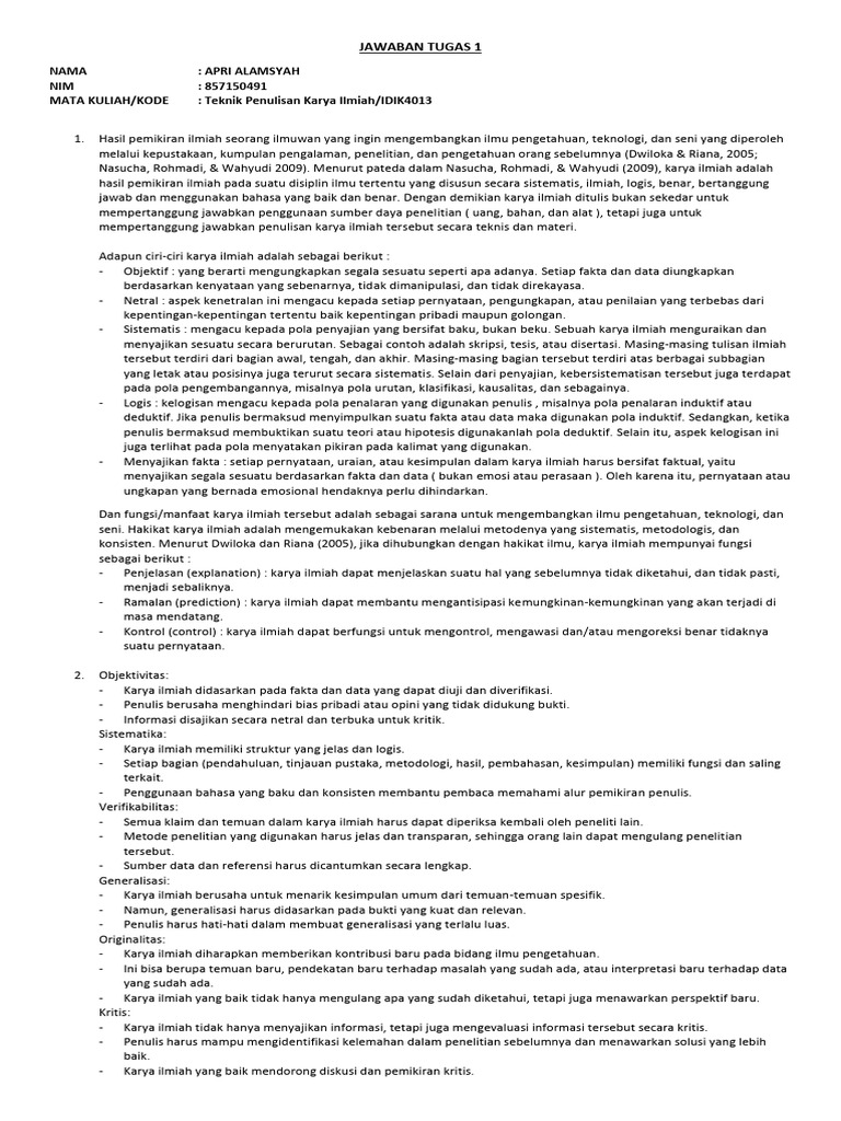 JAWABAN TUGAS 1 (Teknik Penulisan Karya Ilmiah) | PDF